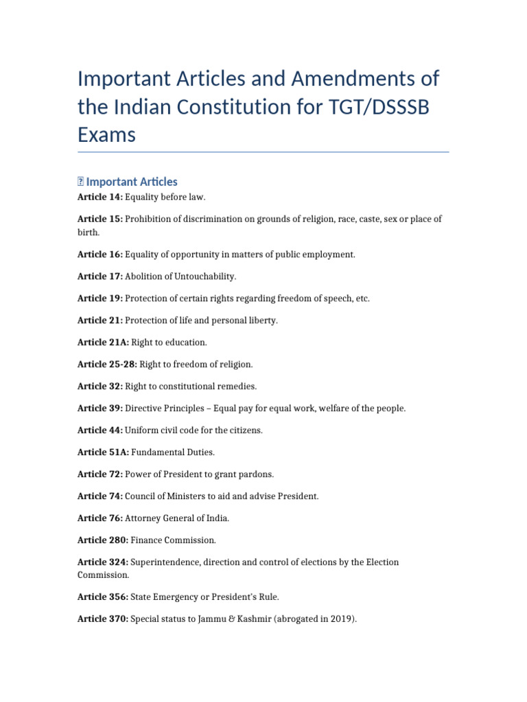 Key Articles & Amendments for DSSSB Exams | PDF