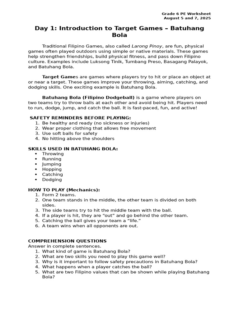 Batuhang Bola: Grade 6 Target Game Guide | PDF | Sports