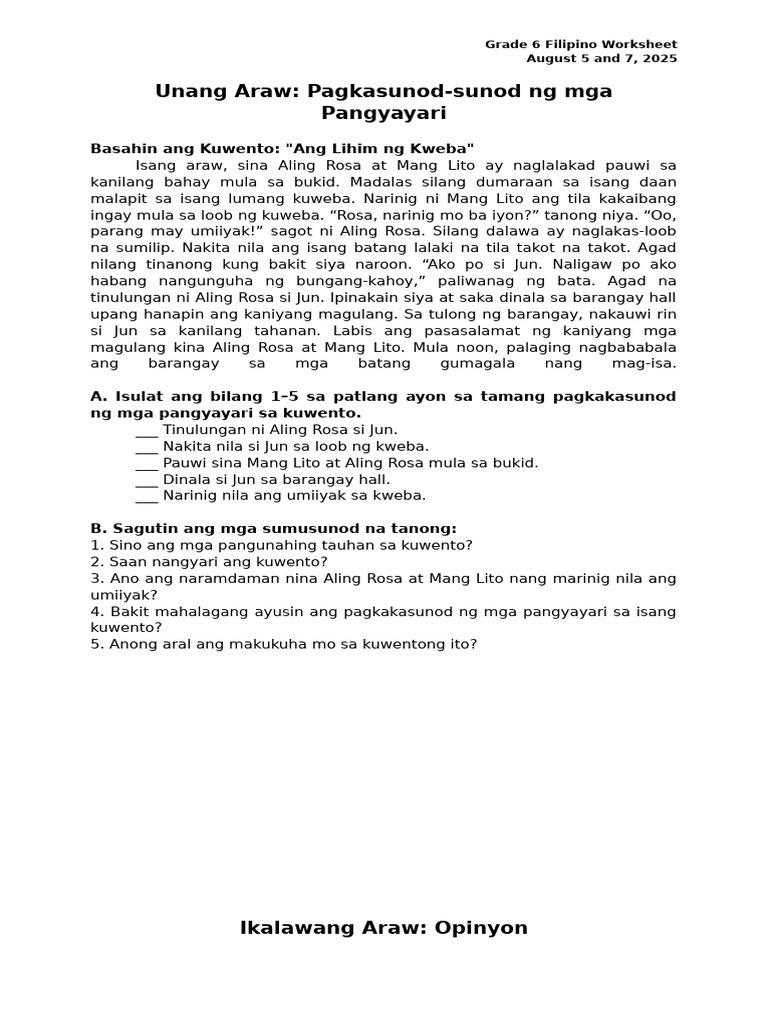 Filipino 6 Worksheet Day 1 and 2 (August 5, 2025) | PDF