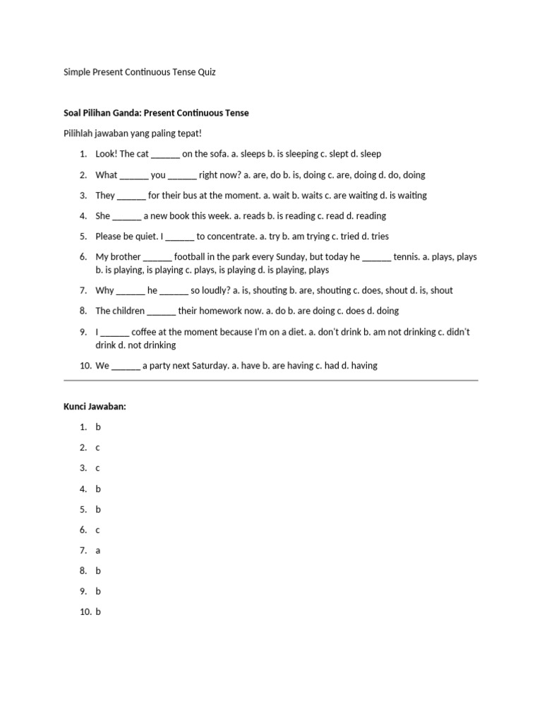 Present Continuous Tense Quiz | PDF