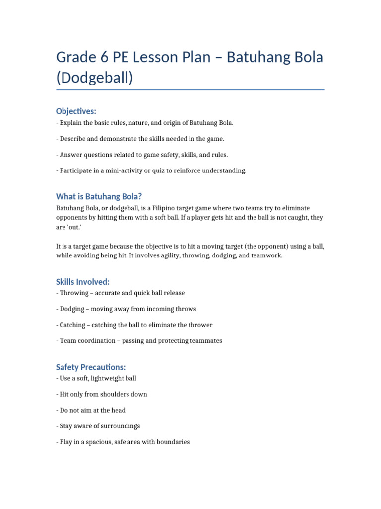 Grade 6 Batuhang Bola Lesson Plan | PDF | Ball Games | Team Sports