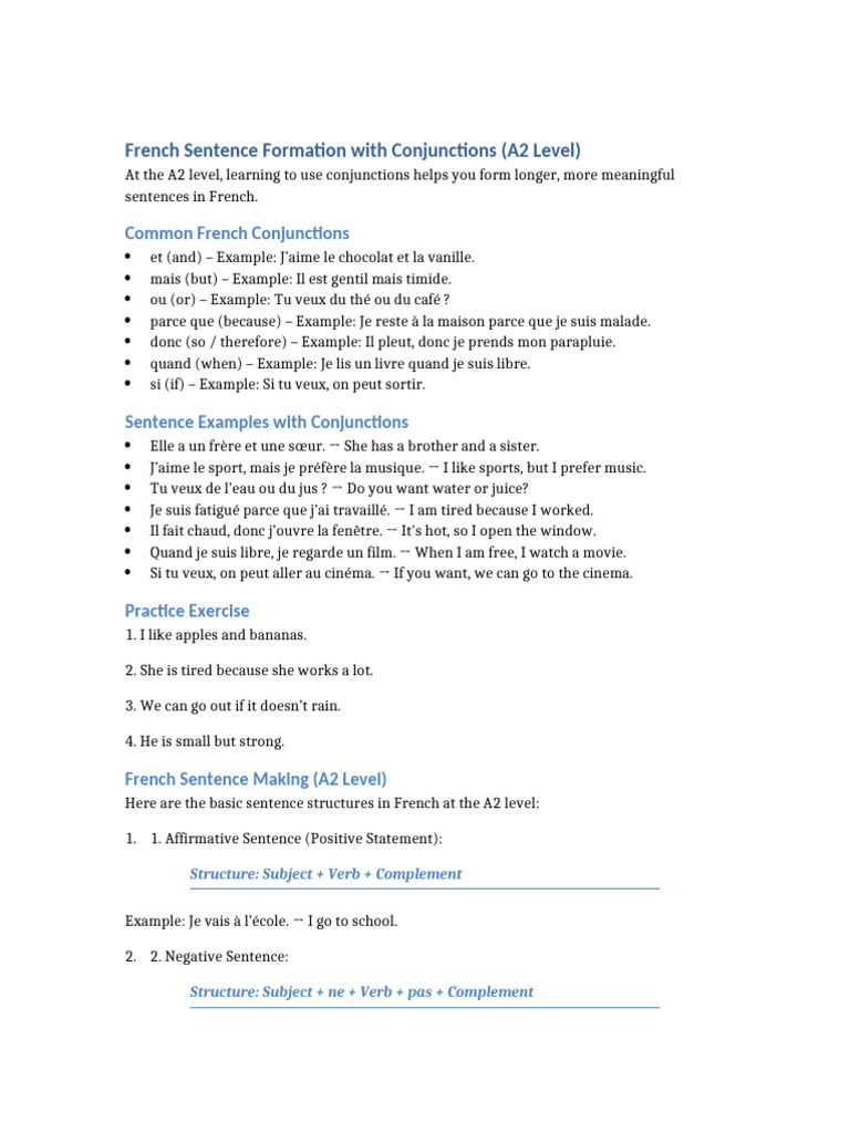 French Conjunctions for A2 Sentence Structure | PDF | Question ...