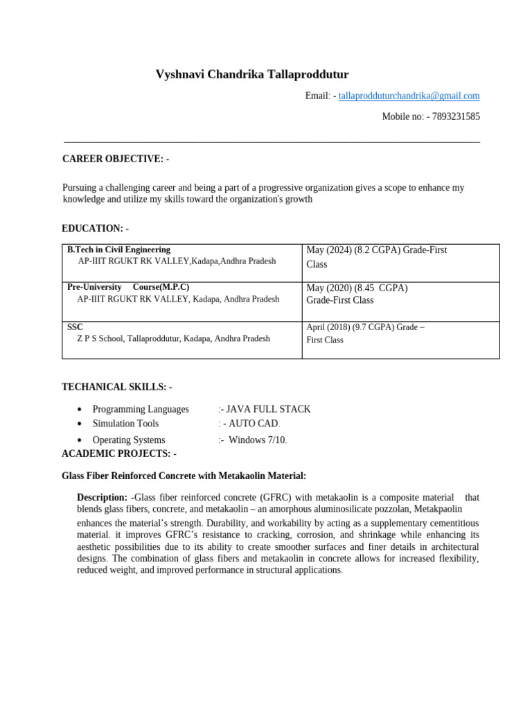 Vyshnavi Chandrika Tallaproddutur Resume | PDF | Concrete | Civil Engineering