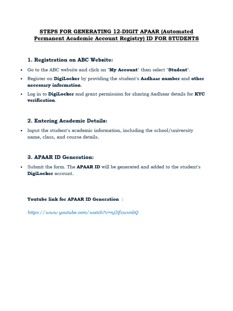 Steps to Generate APAAR ID for Students | PDF