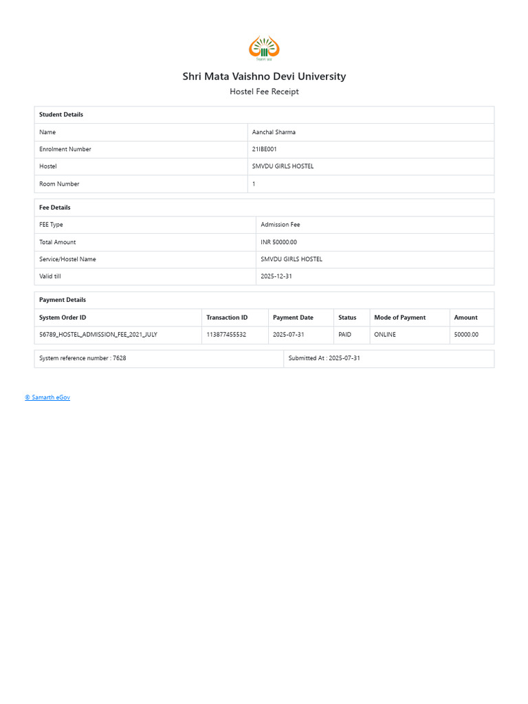 Hostel Fee Receipt | PDF
