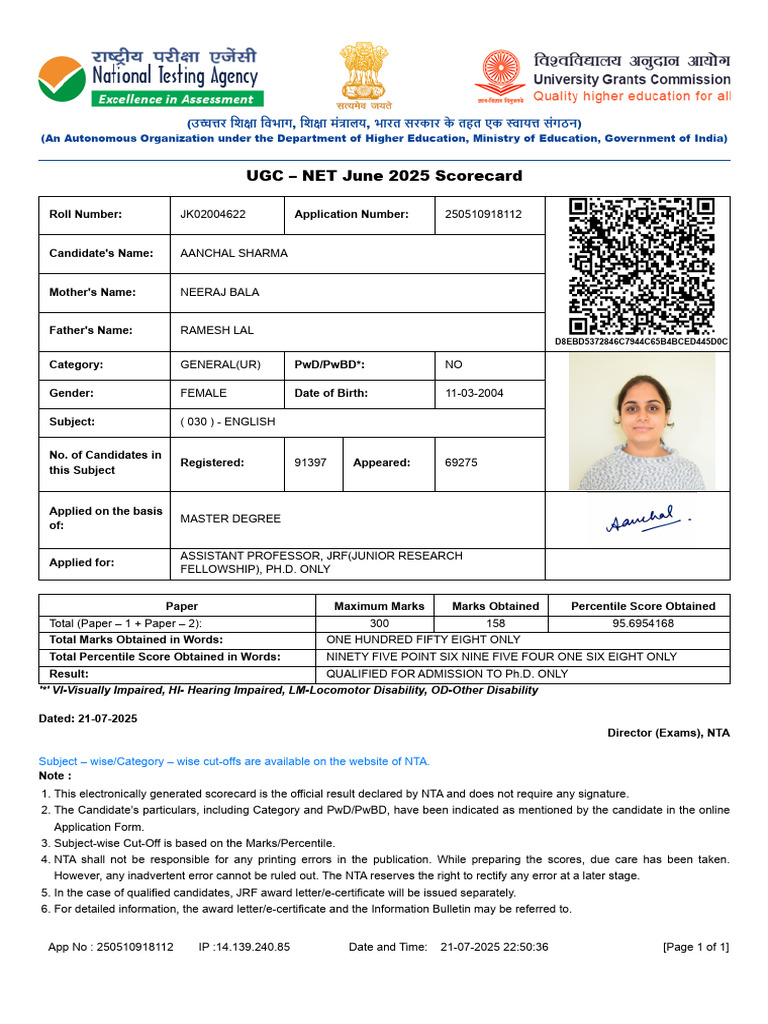 UGC-NET June 2025 Scorecard: Aanchal Sharma | PDF | Qualifications ...