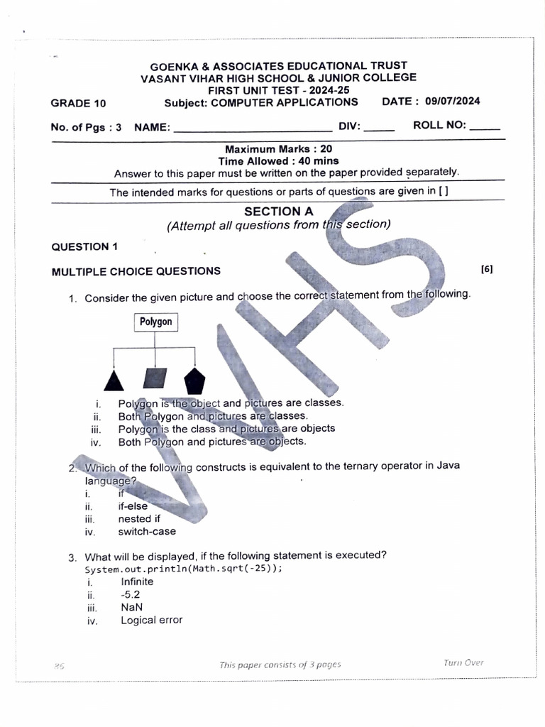 10th ICSE VVHS UT-1 Computer Applications | PDF | Computing | Computer Programming