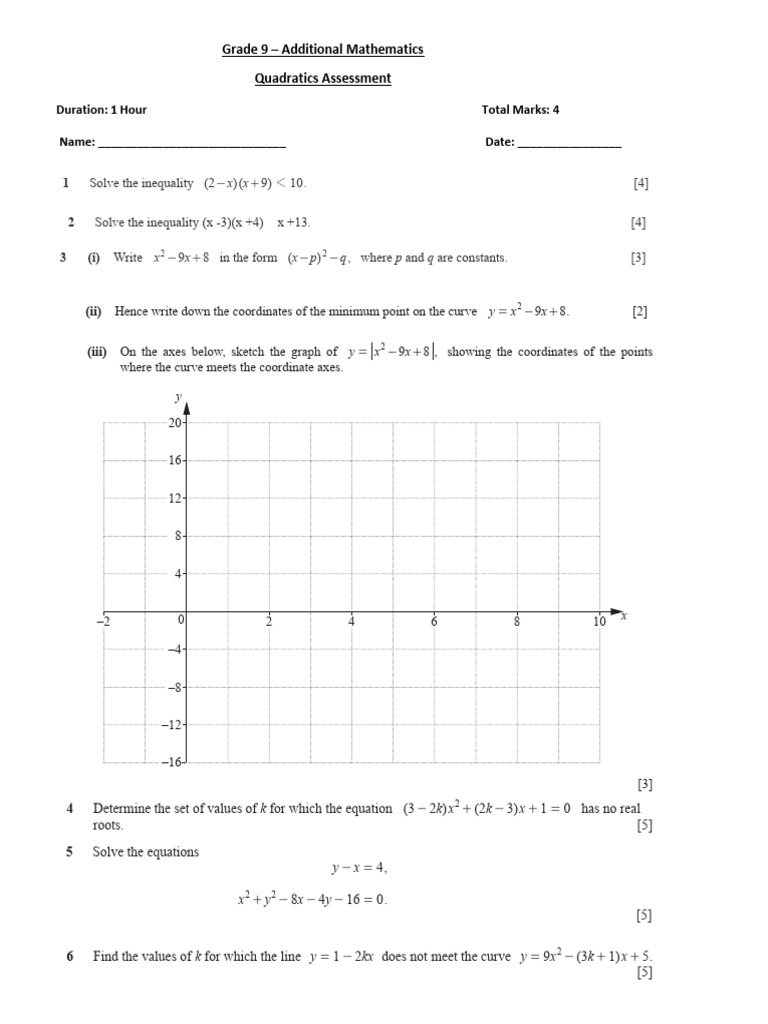 Grade 9 Quadratics Assessment Test | PDF | Quadratic Equation ...