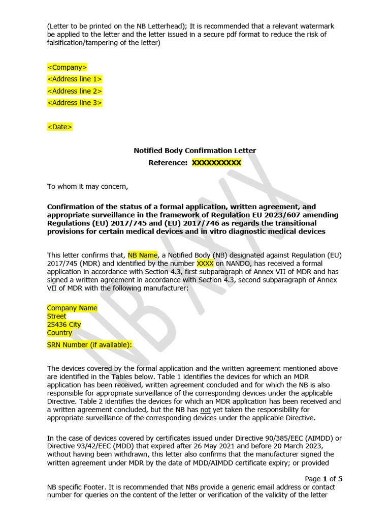 Notified Body Confirmation Letter MDR | PDF