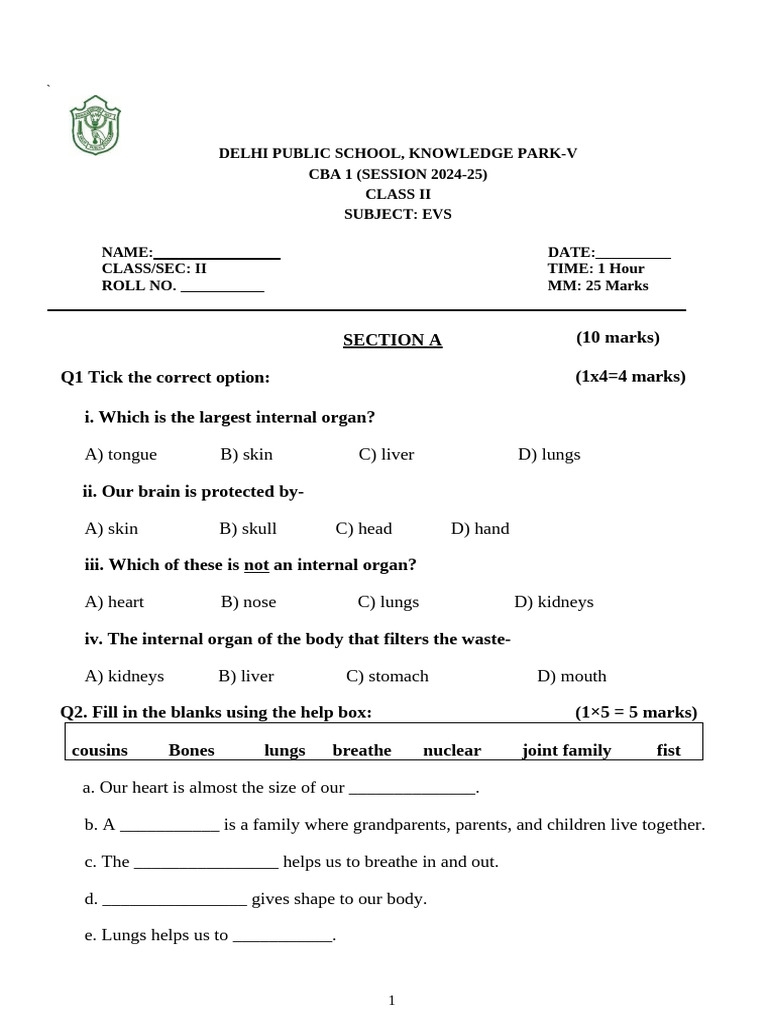 EVS Class II CBA 1 Worksheet 2024-25 | PDF