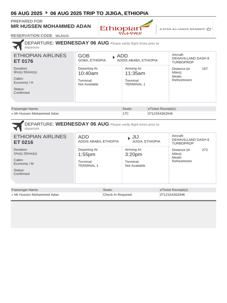 Ethiopian Airlines Trip Itinerary to Jijiga | PDF | Airlines | Transport