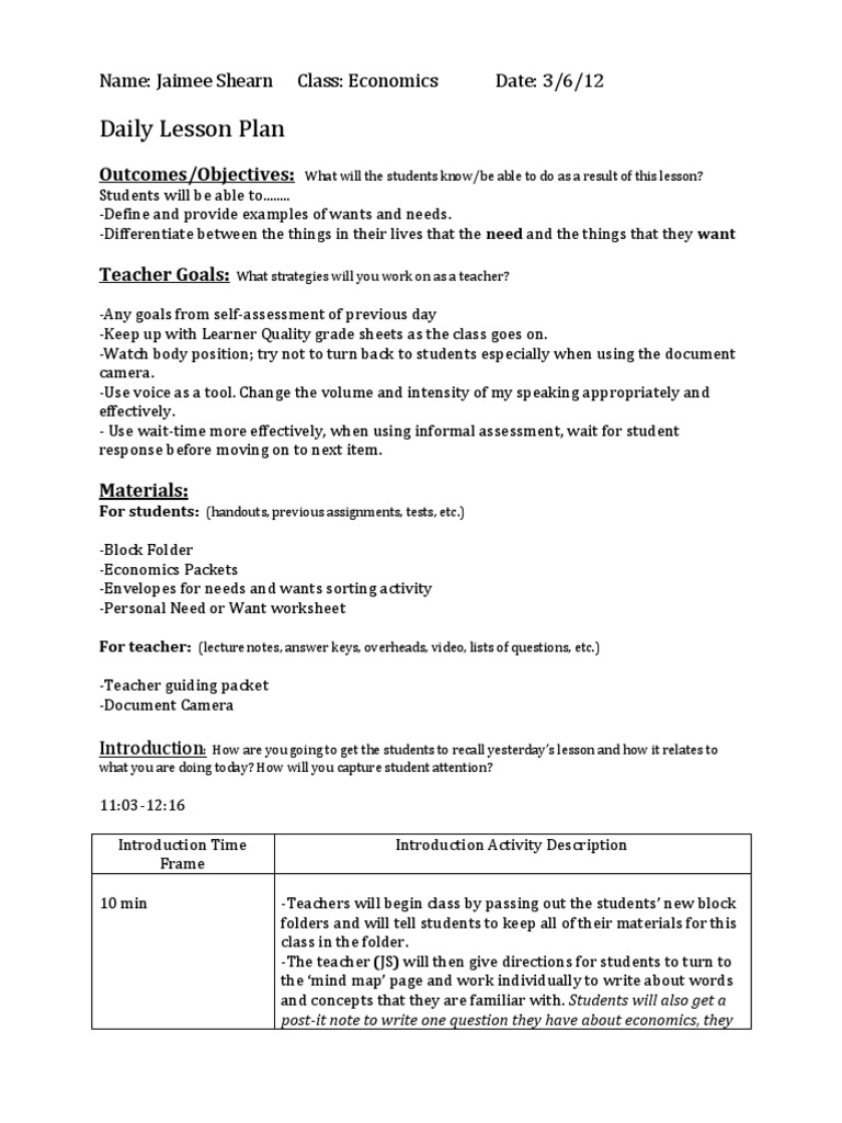 Needs and Wants | PDF | Lesson Plan | Teaching