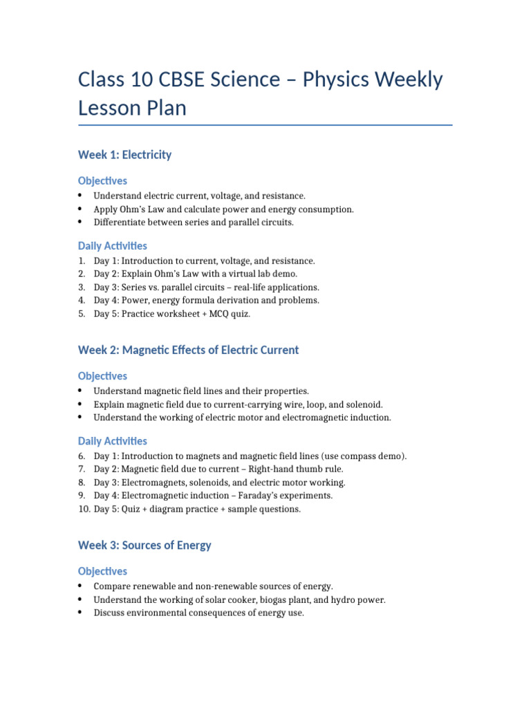 Class 10 CBSE Physics Lesson Plan | PDF