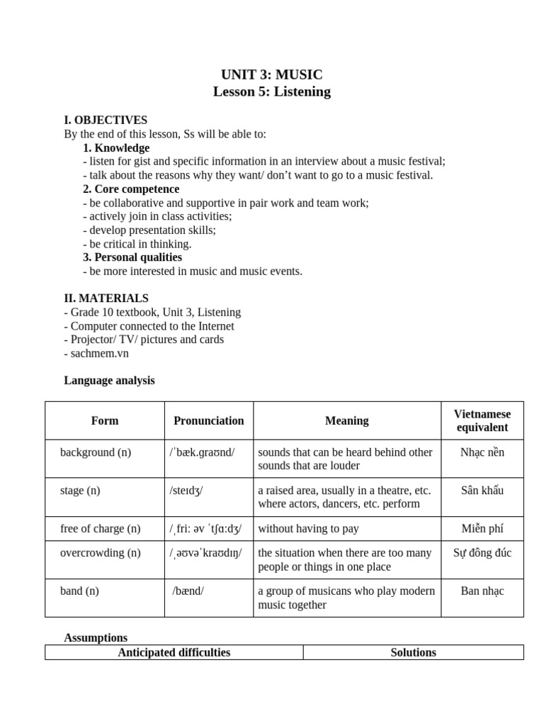 Music Festival Listening Lesson Plan | PDF | Linguistics | Cognitive ...