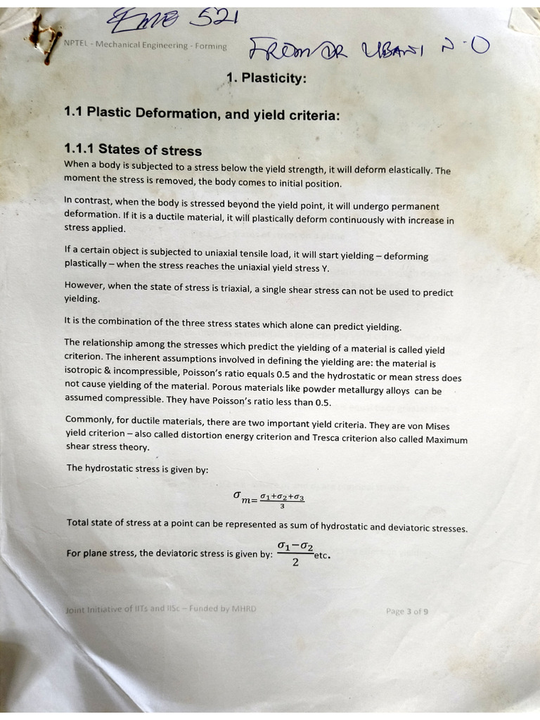 (EME 521) - PLASTIC DEFORMATION, AND YIELD CRITERIA - (Dr. Ubani) | PDF