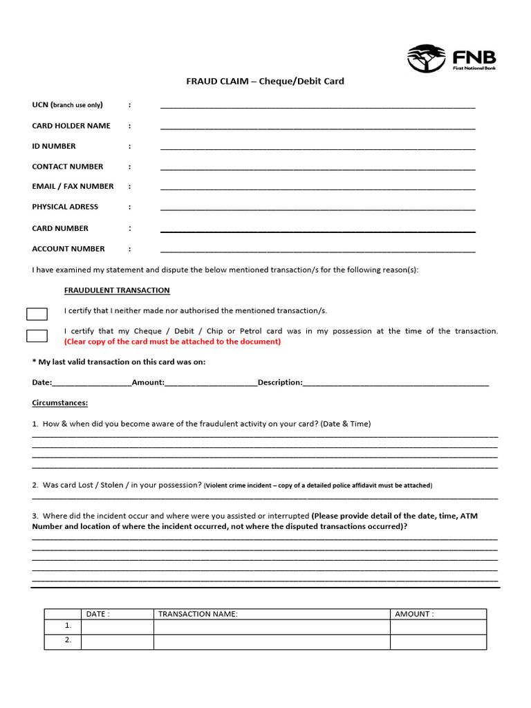 FNB Fraud Claim Form Instructions | PDF | Fraud | Cheque
