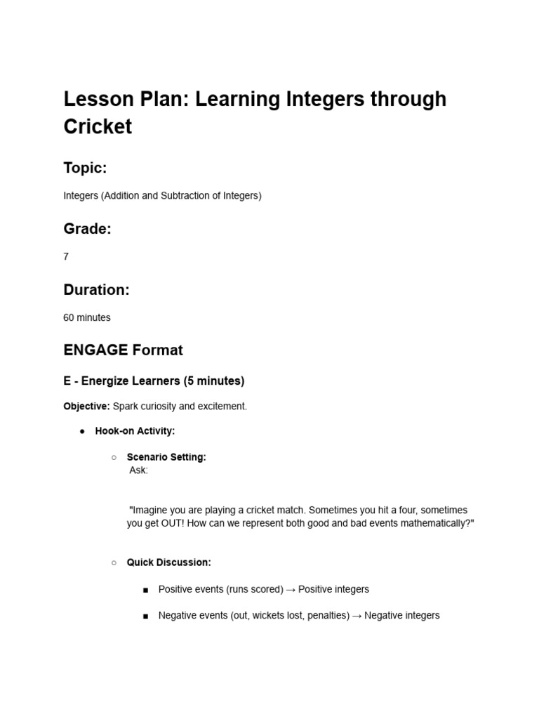 Integers Lesson Plan Using Cricket | PDF | Cricket | Behavior Modification