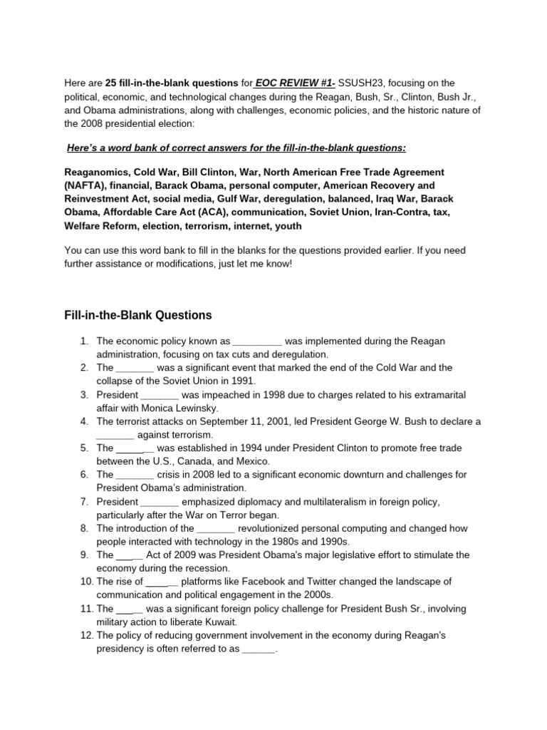 Eoc Review #1-Remediation | PDF | Bill Clinton | American Government