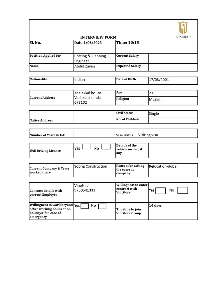 Interview Form - Luxridge-Abdul Zayan | PDF | Budget | Business