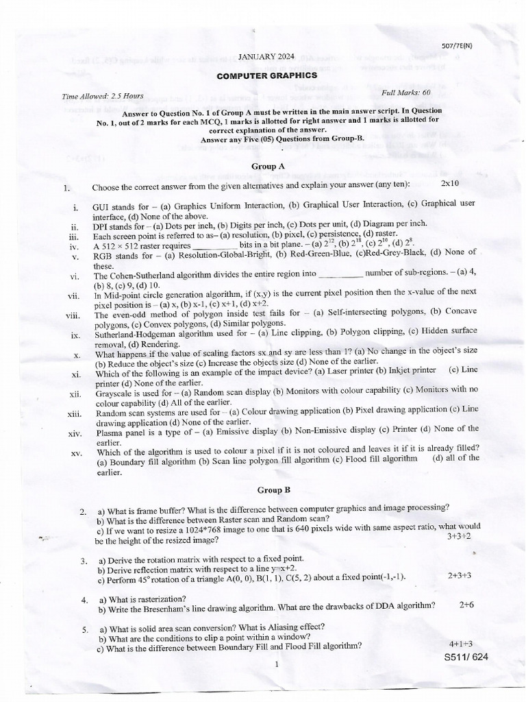 Computer Graphics QP - January 2024 | PDF