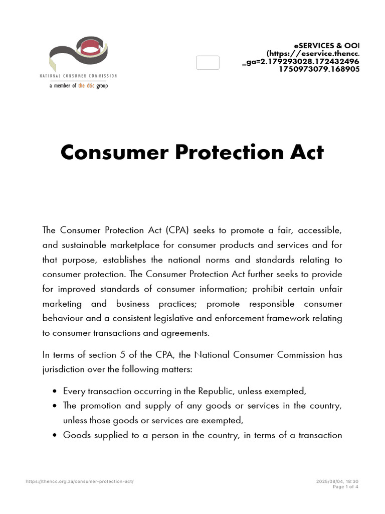Overview of the Consumer Protection Act | PDF | Consumer Protection ...