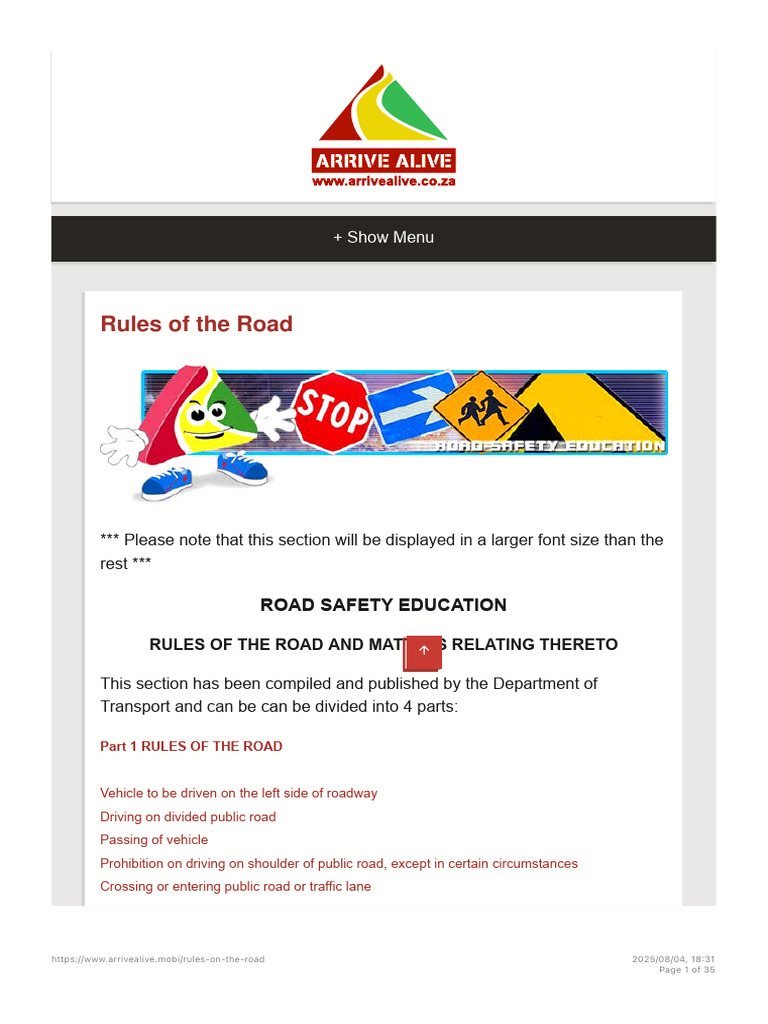 Rules of the Road - Arrive Alive | PDF | Traffic | Road