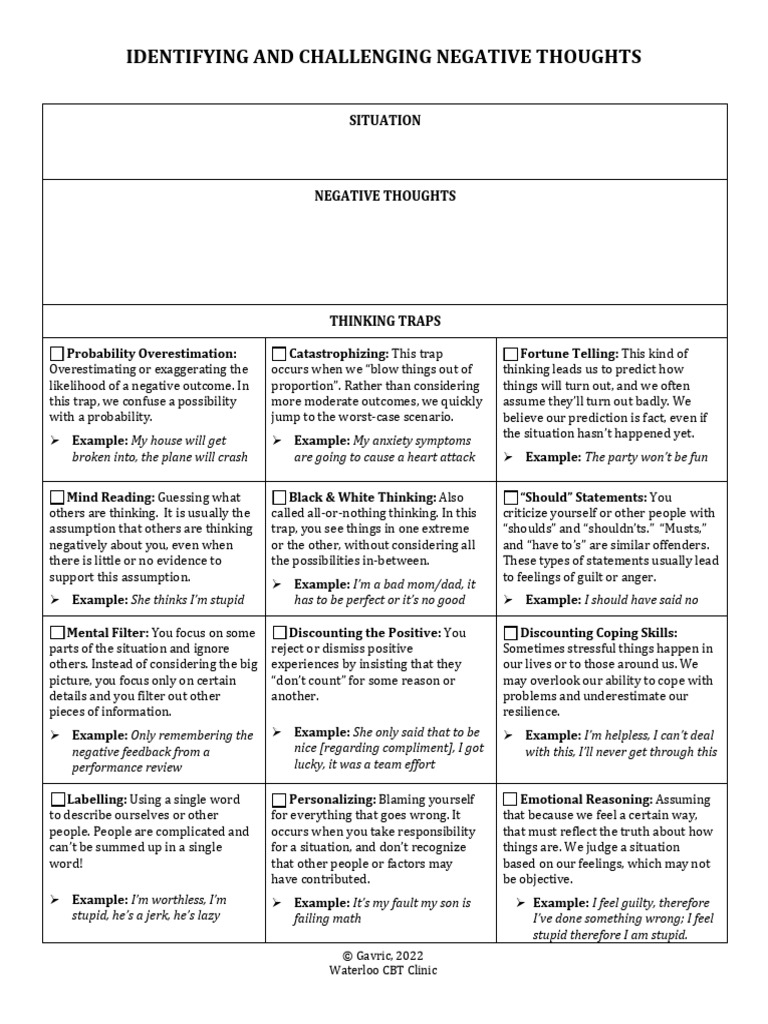 Thinking Traps Challenging Thoughts | PDF | Thought | Psychology