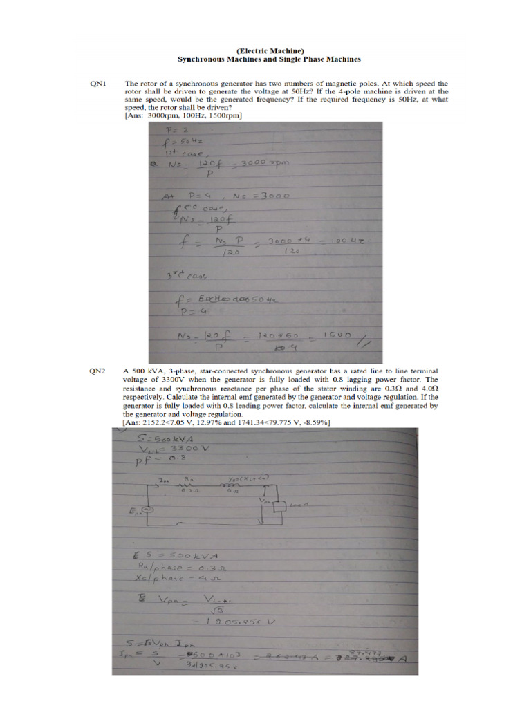 Synchronous, Single Phase and Three Phase Induction Motor Numericals | PDF