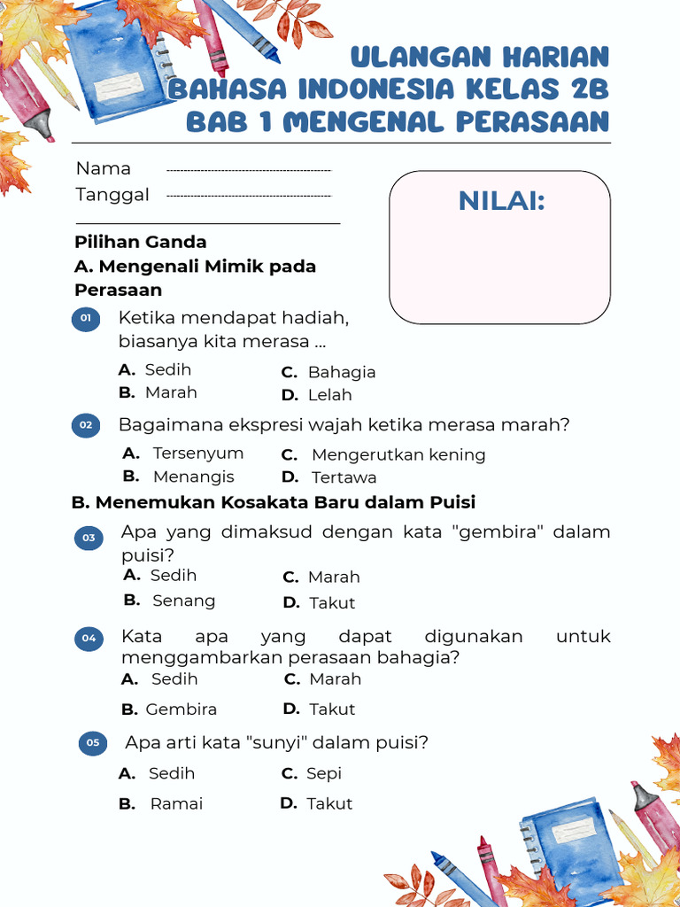 Ulangan Harian Bahasa Indonesia Kelas 2b Bab 1 Mengenal Perasaan | PDF