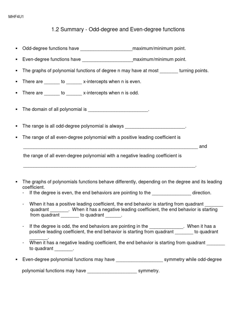 1.2 Summary Odd-Degree Even-Degree Polynomial Functions | PDF