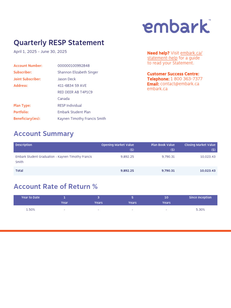Quarterly RESP Statement Summary | PDF | Valuation (Finance) | Investing