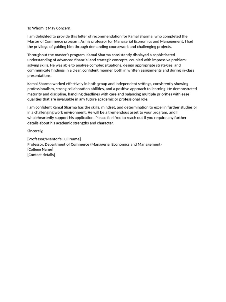 Letter of Recommendation-Mcom Specific | PDF