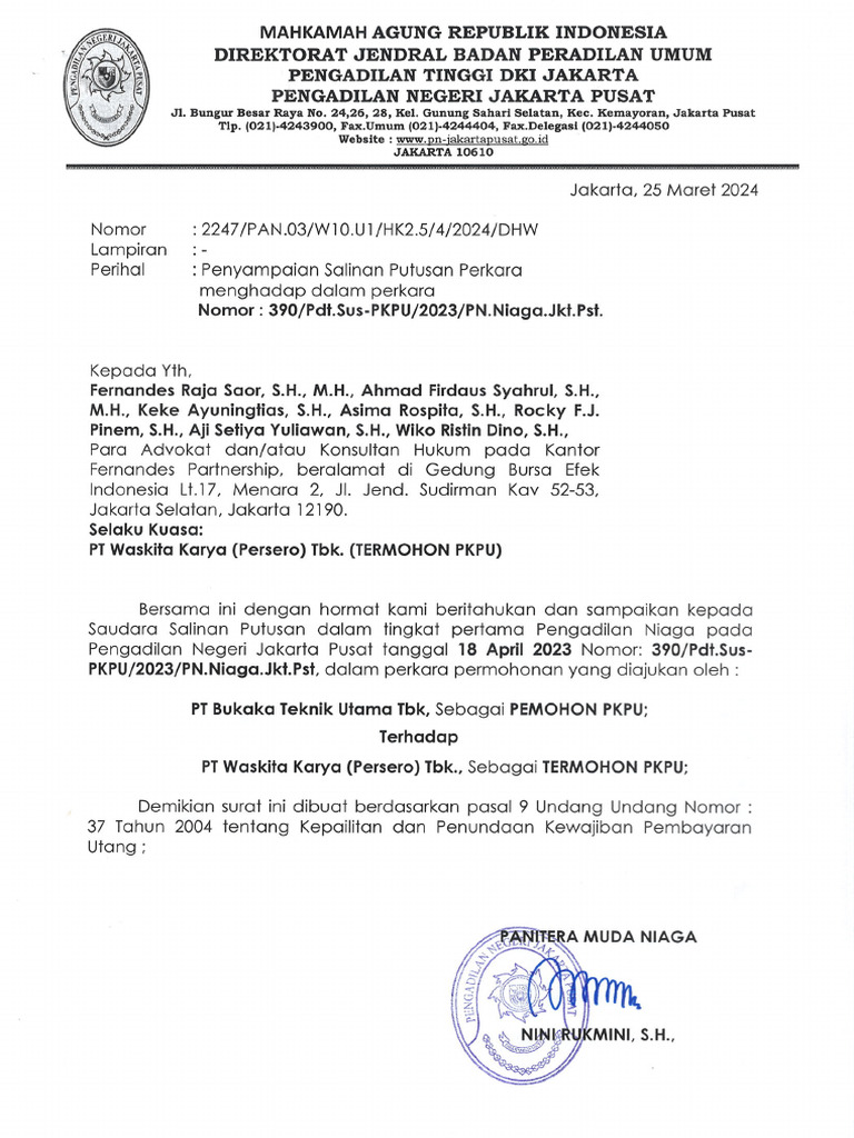 Surat Putusan Perkara Nomor 390.Pdt - sus-PKPU2023.PN - Niaga.jkt - PST ...
