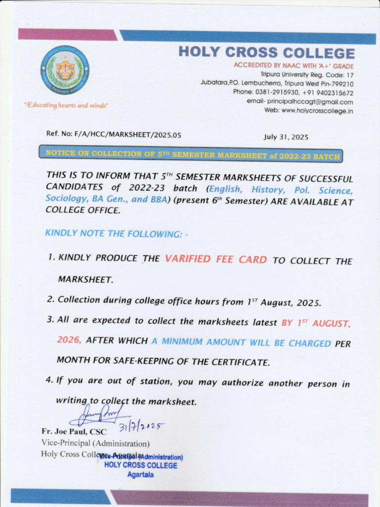 Holy Cross College 5th Semester Marksheet Notice | PDF