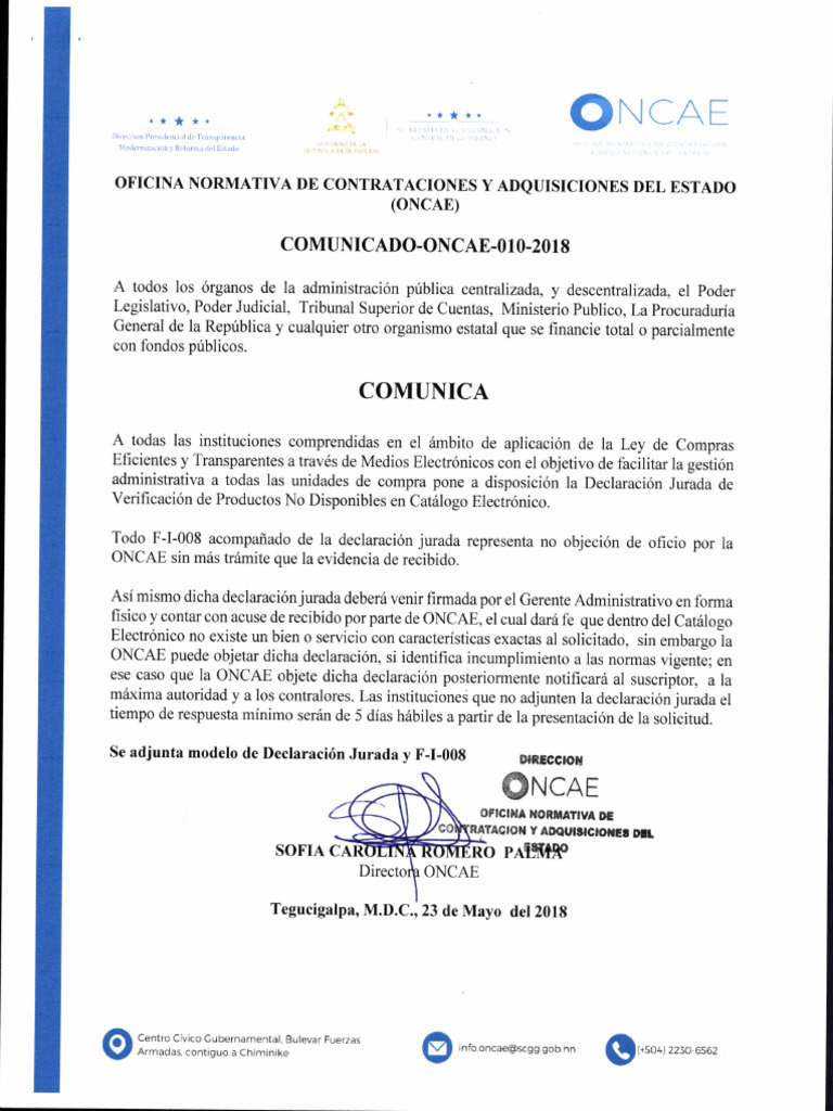 COMUNICADO ONCAE-010-2018 - Formulario F-I-008 Con Declaración Jurada | PDF | Gobierno | Justicia