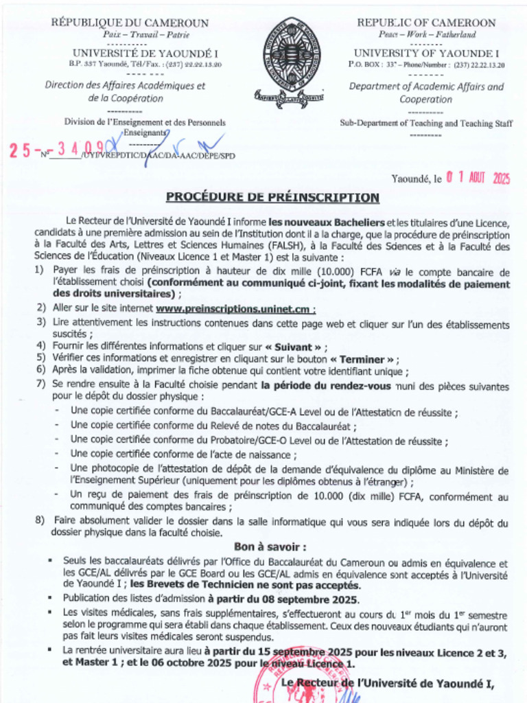 Préinscriptions UY1 2025-2026 | PDF