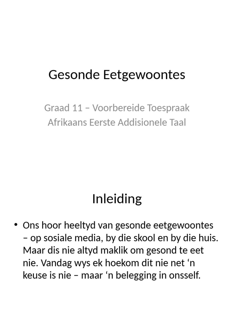 Gesonde Eetgewoontes Toespraak | PDF