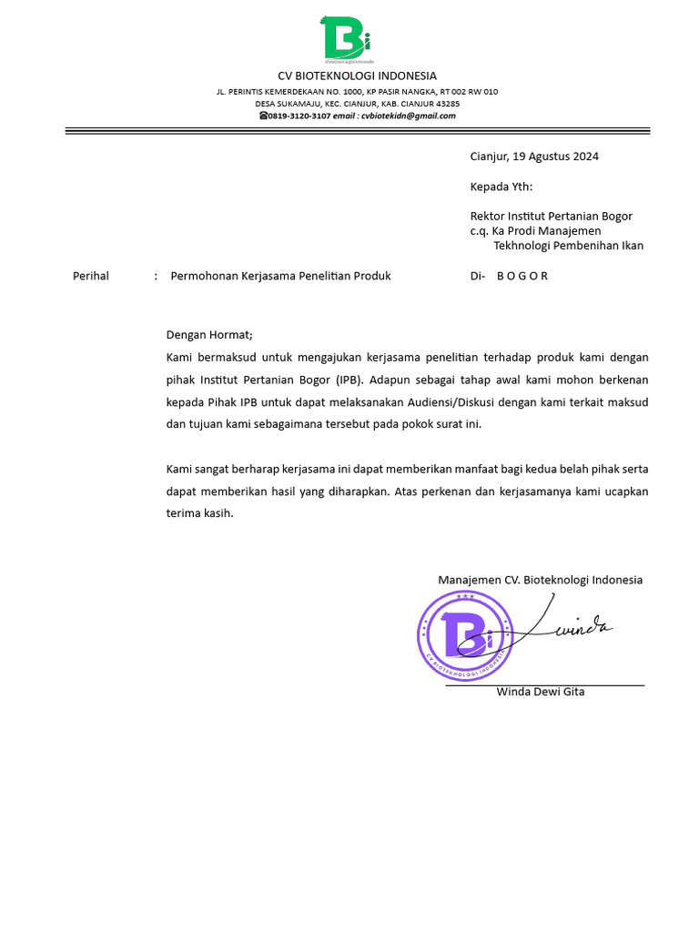 Surat Permohonan Kerjasama Ke IPB | PDF