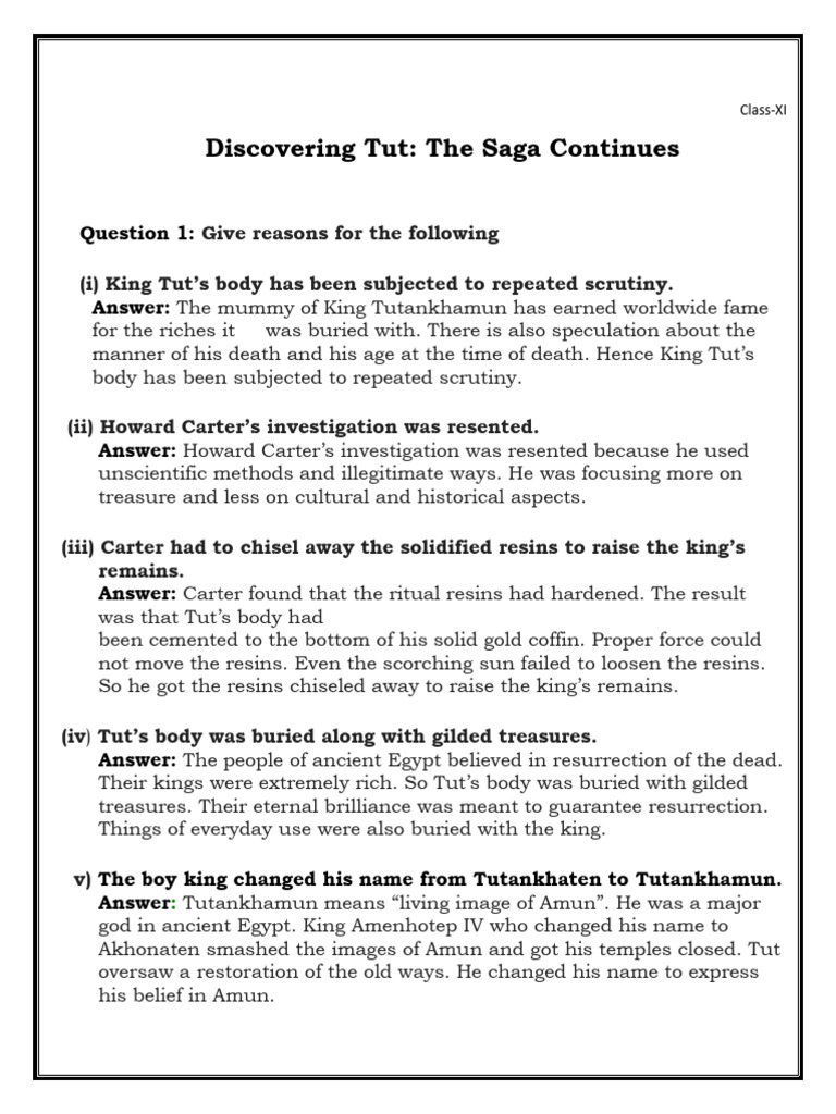 Class -XI Notes of Discovering Tut | PDF | Tutankhamun | Akhenaten