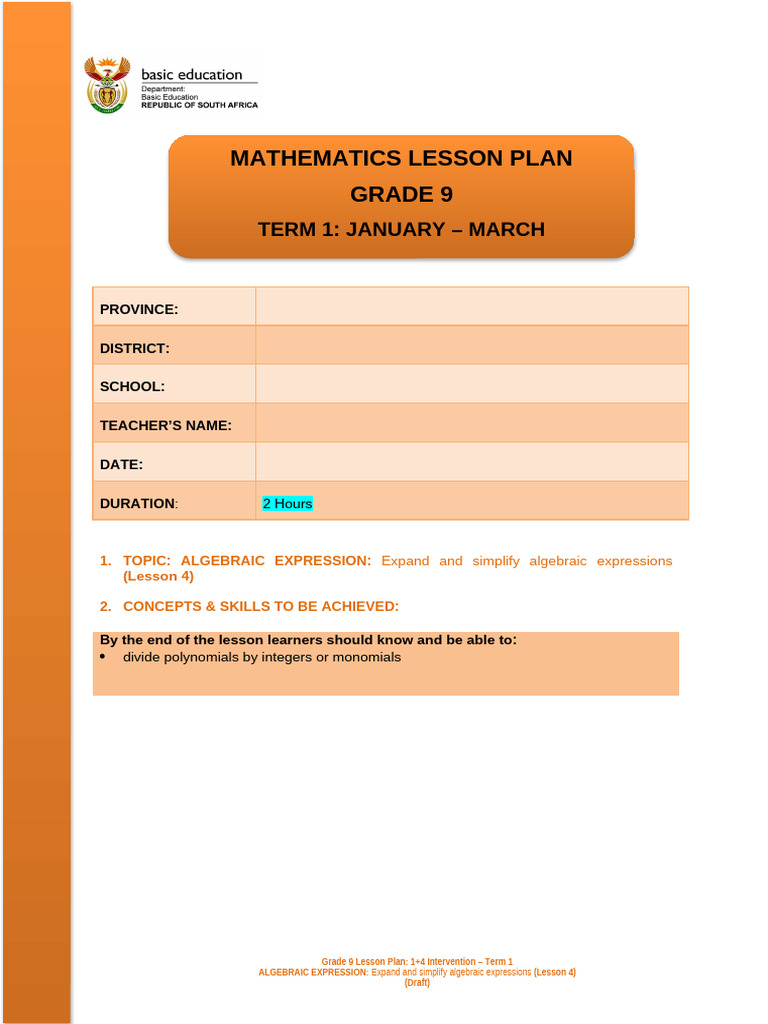 Grade 9 Algebraic Expressions Lesson 4 | PDF | Algebra | Polynomial