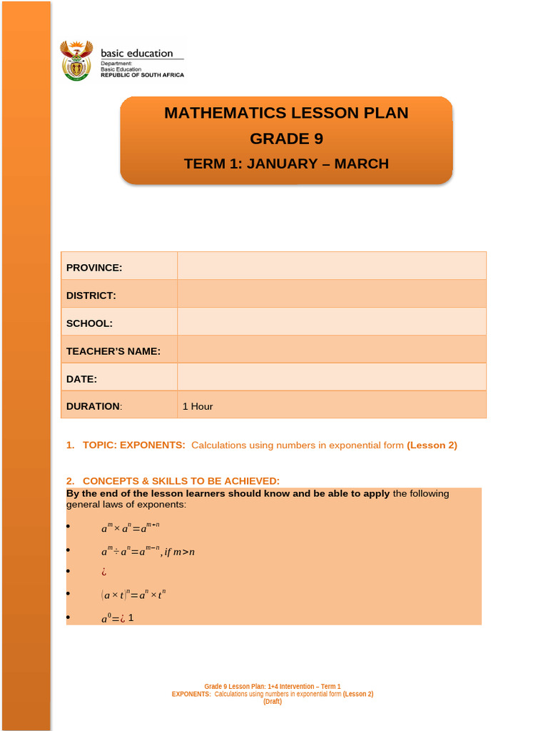 Grade 9 Exponents Lesson 2 | PDF | Exponentiation | Lesson Plan