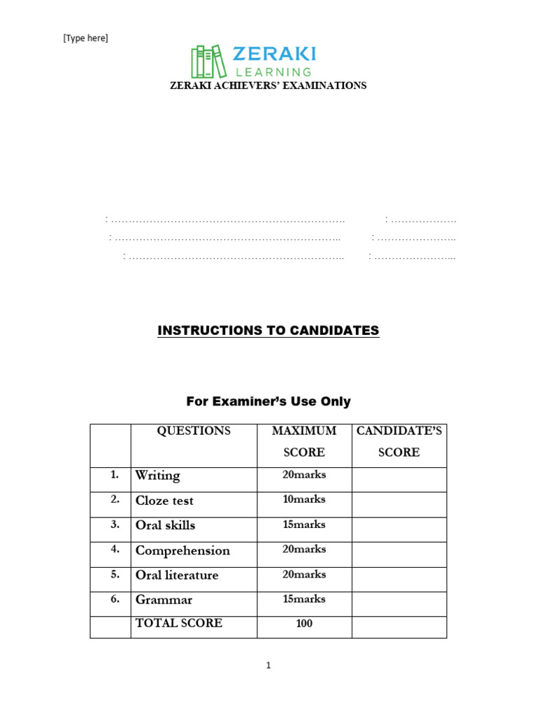 English Form 2 - Zeraki Achievers 5.0 - Question Paper | PDF | Social ...