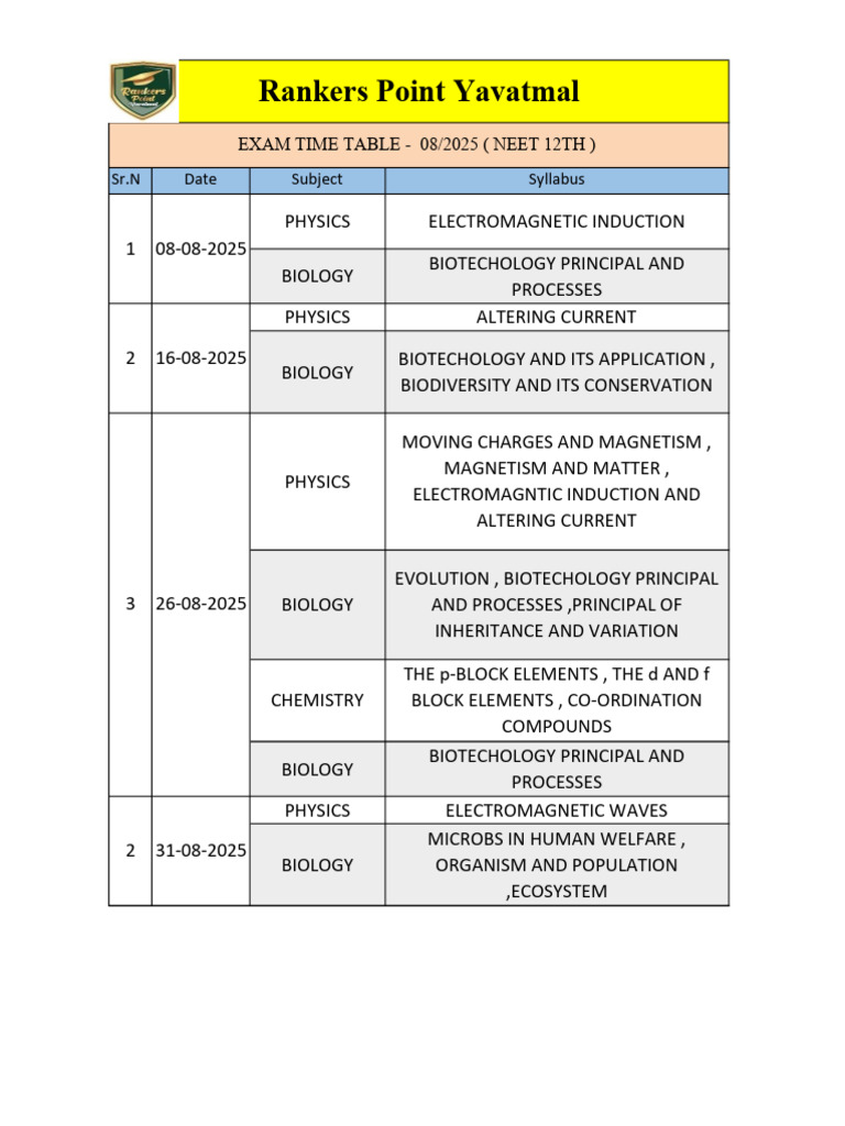 Exam Time Table | PDF