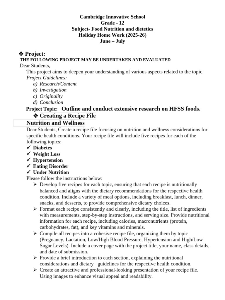 Grade 12 Food Nutrition and Dietetics Holiday Home Work 2025-26 June ...