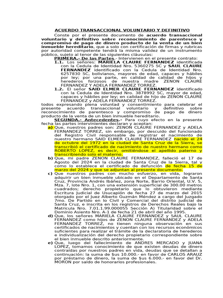 Acuerdo Transaccional Hnos - SAID | PDF