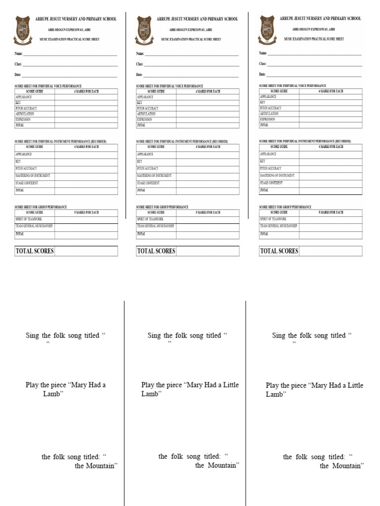 Music Examination Scroe Sheet For Primary 2 | PDF