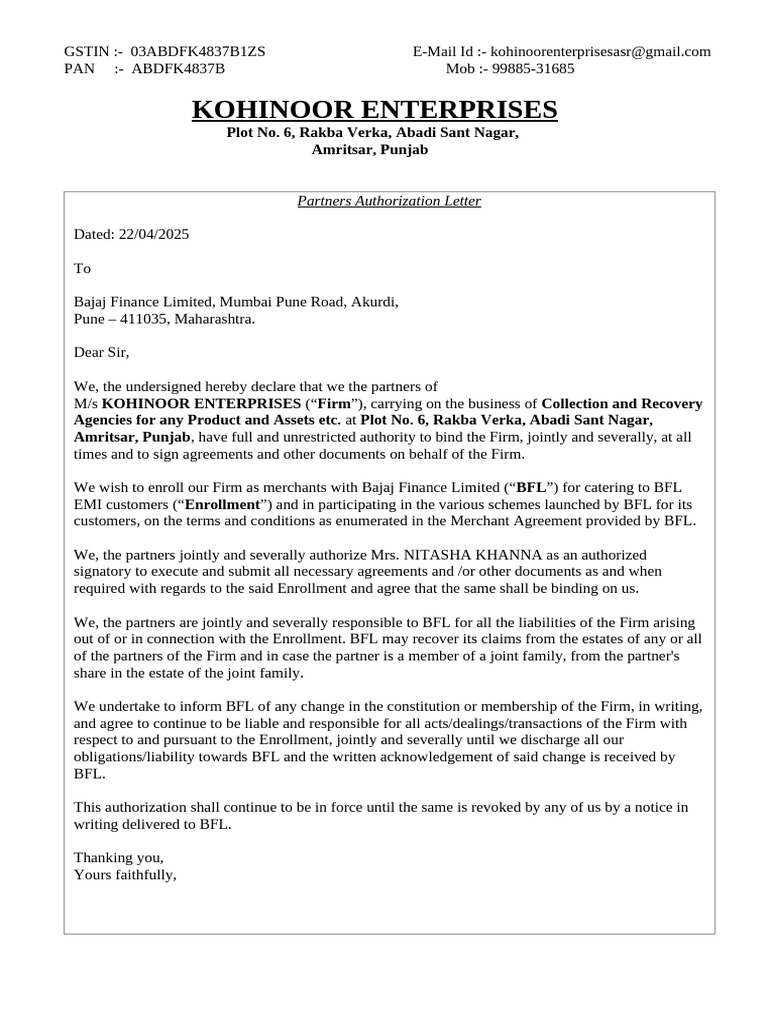 Partnership Authorization Letter | PDF | Business | Business Law