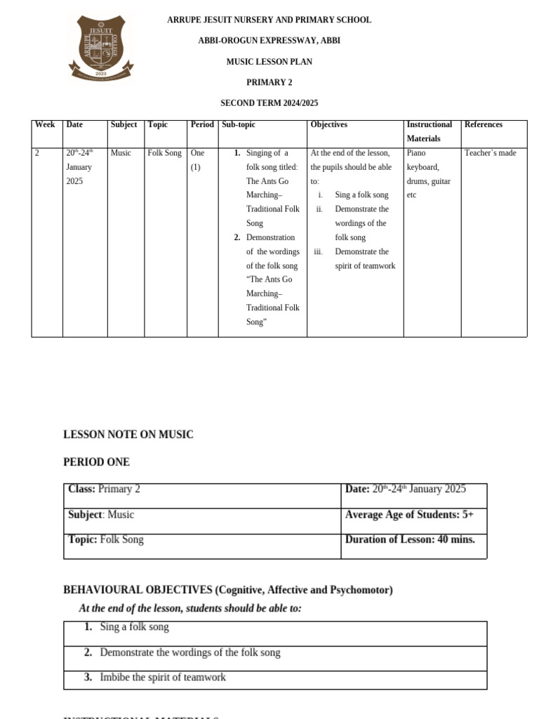 Primary 2 Week 2 Music Lesson Plan Second Term | PDF | Teachers | Cognitive Science
