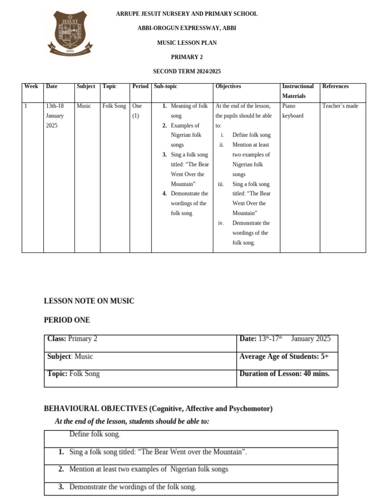 Primary 2 Folk Songs Lesson Plan | PDF | Learning | Human Communication