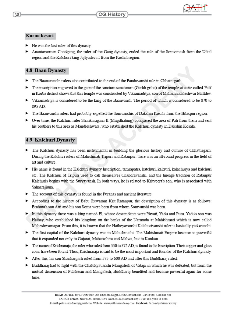 Kalchuri Dynasty Class Notes BY GK SAHU | PDF
